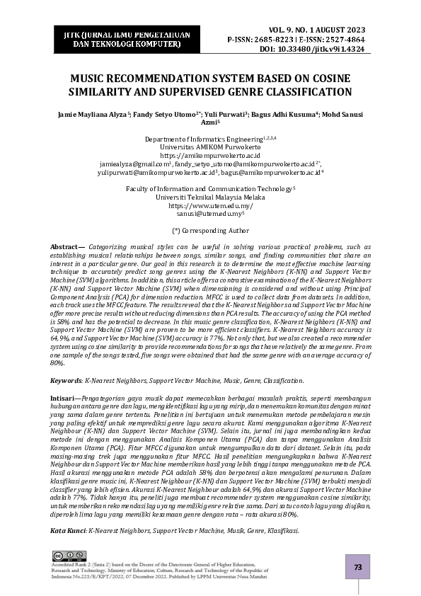 (PDF) Music Recommendation System Based on Cosine Similarity and Supervised Genre Classification ...