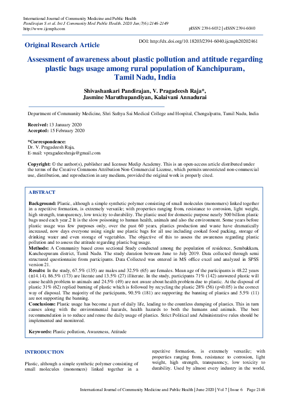 (PDF) Assessment of awareness about plastic pollution and attitude ...