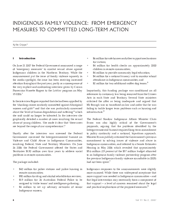(PDF) Indigenous family violence : from emergency measures to committed ...