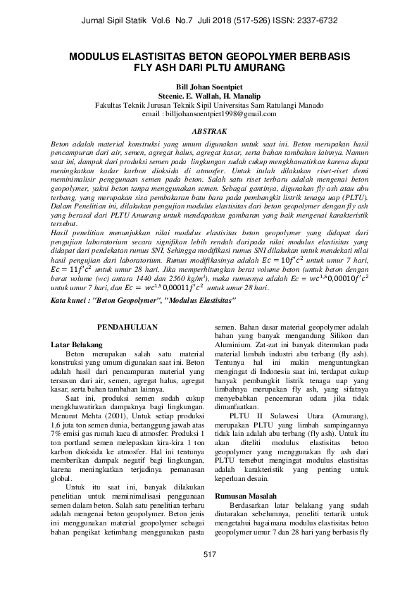 (PDF) Modulus Elastisitas Beton Geopolymer Berbasis Fly Ash Dari Pltu ...