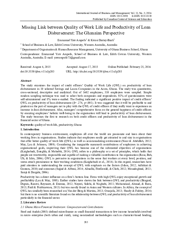 (PDF) Missing Link between Quality of Work Life and Productivity of Loan Disbursement: The ...