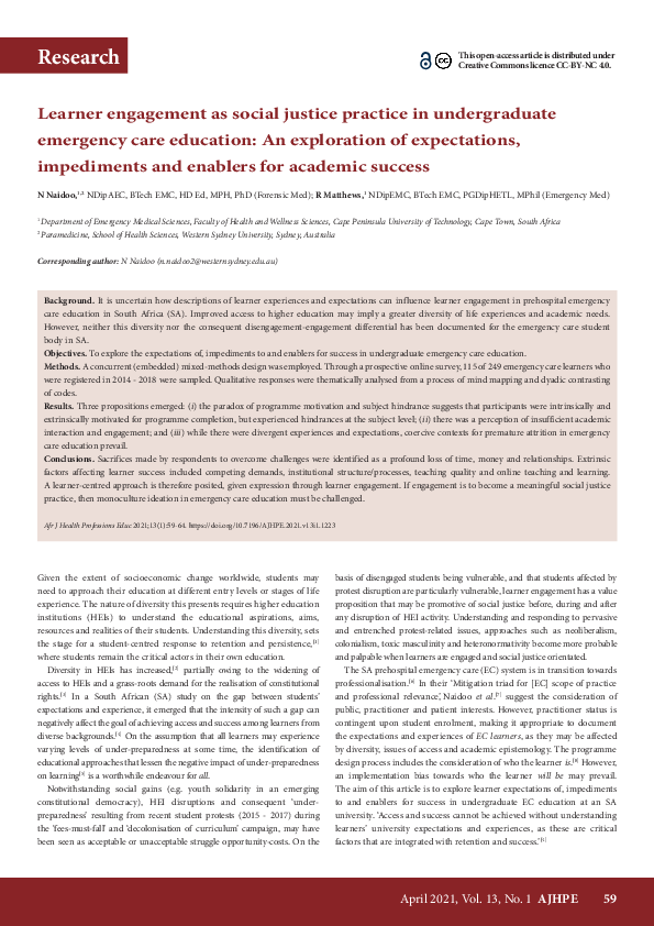 (PDF) Learner engagement as social justice practice in undergraduate ...
