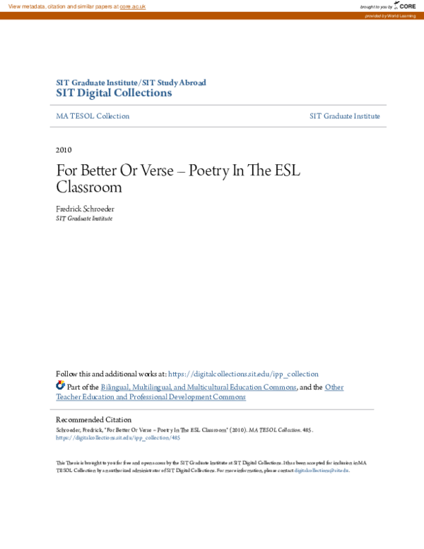 (PDF) For Better Or Verse Poetry In The ESL Classroom