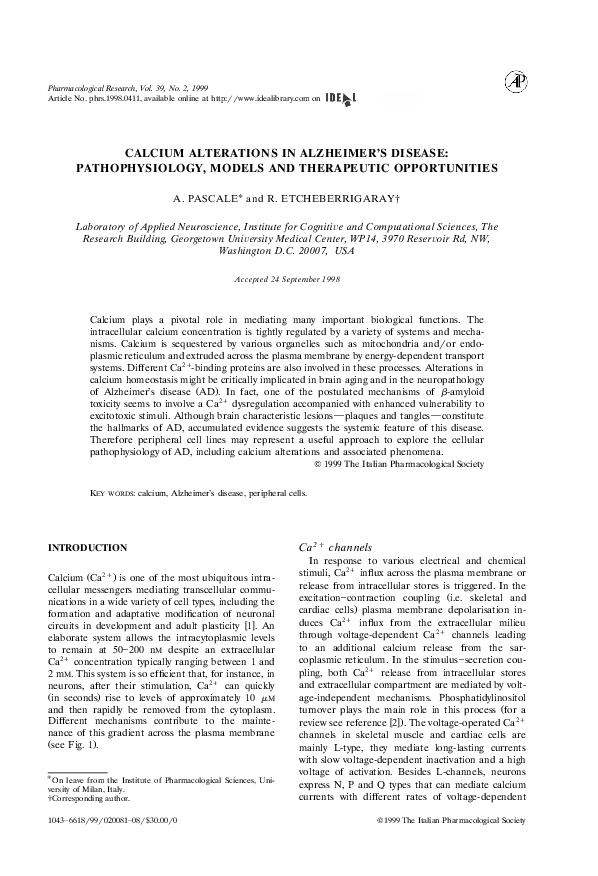 (PDF) Calcium Alterations in Alzheimer's Disease: Pathophysiology, Models and Therapeutic ...