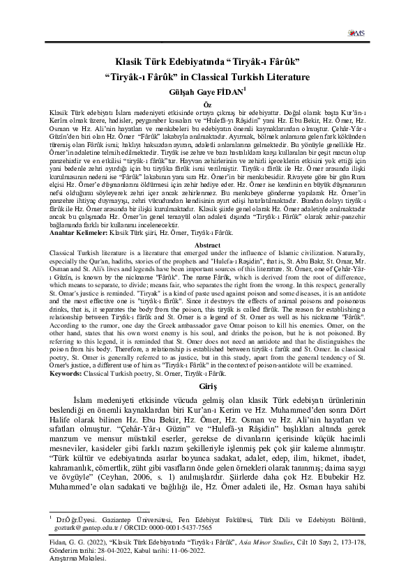 (PDF) “Tiryâk-ı Fârûk” in Classical Turkish Literature | Gulsah Gaye ...