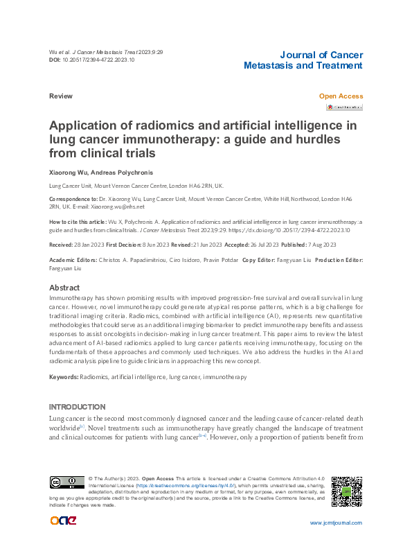 (PDF) Application of radiomics and artificial intelligence in lung cancer immunotherapy: a guide ...