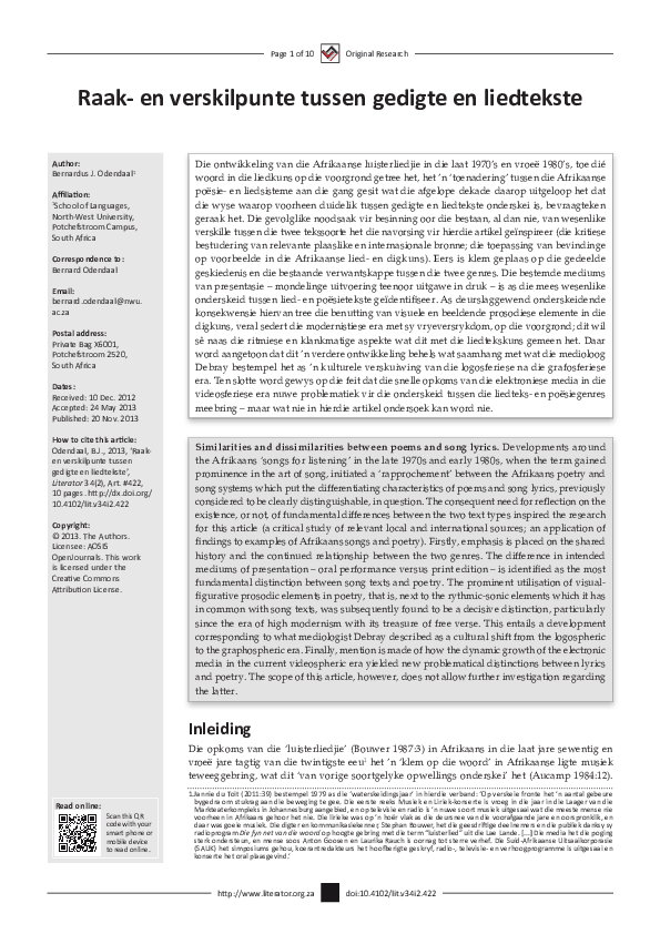 (PDF) Raak- en verskilpunte tussen gedigte en liedtekste