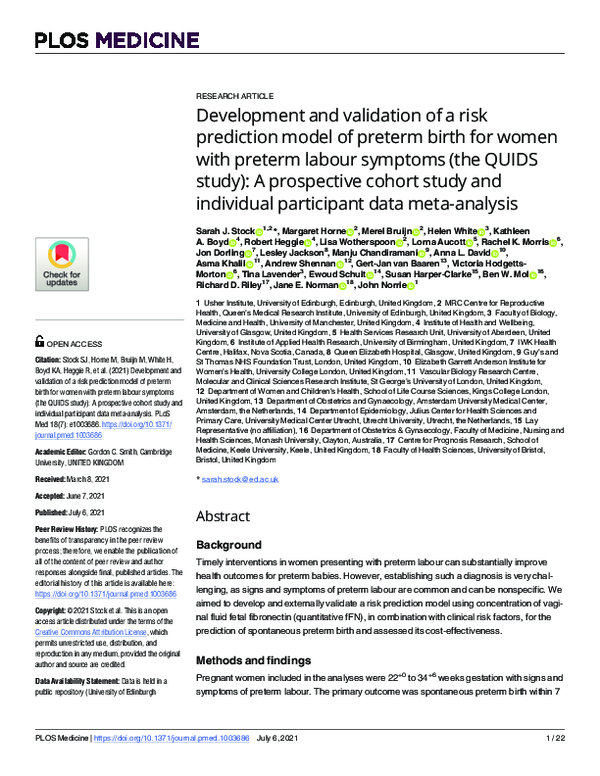 (PDF) Development and validation of a risk prediction model of preterm birth for women with ...