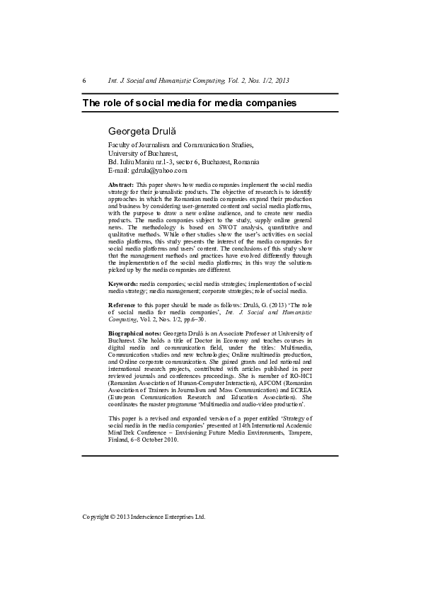 (PDF) The role of social media for media companies