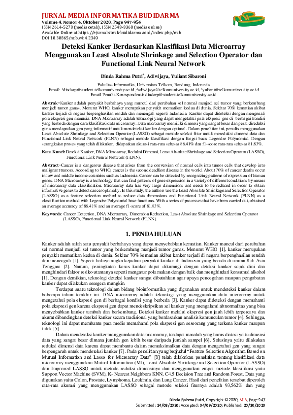 (PDF) Deteksi Kanker Berdasarkan Klasifikasi Data Microarray Menggunakan Least Absolute ...
