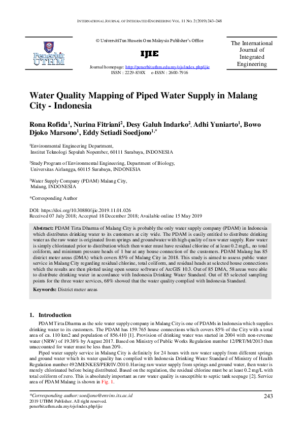 (PDF) Water Quality Mapping of Piped Water Supply in Malang City ... (PDF) Water Quality Mapping of Piped Water Supply in Malang City ...