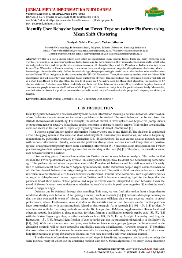 (PDF) Identify User Behavior based on Tweet Type on twitter Platform using Mean Shift Clustering
