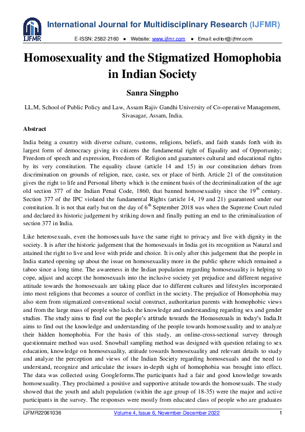 (PDF) Homosexuality and the Stigmatised Homophobia in Indian Society