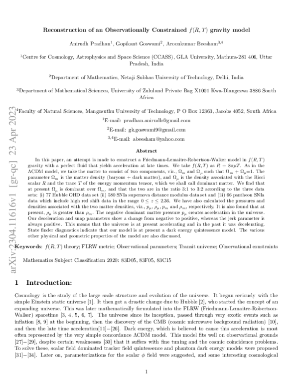 Pdf Reconstruction Of An Observationally Constrained F R T Gravity Model