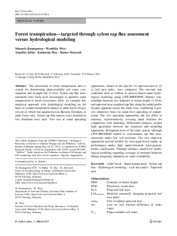 (PDF) Forest transpiration—targeted through xylem sap flux assessment ...