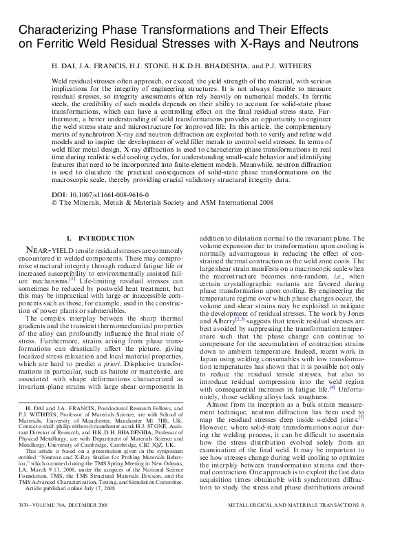 (PDF) Characterizing Phase Transformations and Their Effects on Ferritic Weld Residual Stresses ...