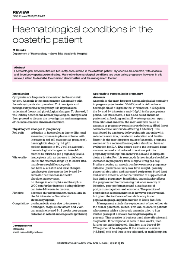 (PDF) Haematological conditions in the obstetric patient : review