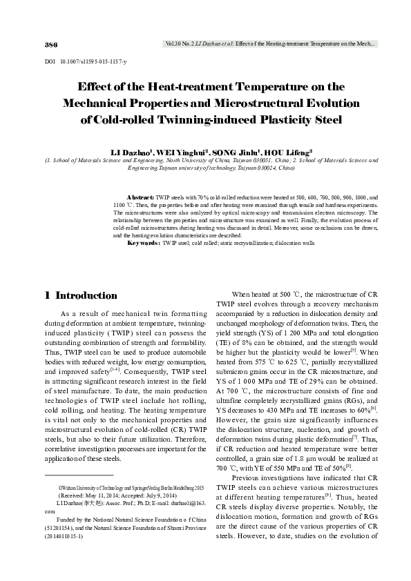 (PDF) Effect of Heat Treatment Temperature on the Mechanical Property in Cast TiNi Shape Memory ...