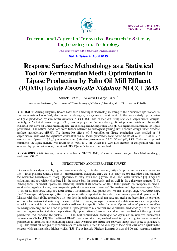 (PDF) Response Surface Methodology as a StatisticalTool for Fermentation Media Optimization ...