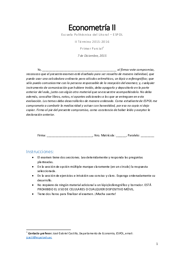 (PDF) Examen de Econometria Ii del 2015-2S de la 1° evaluación