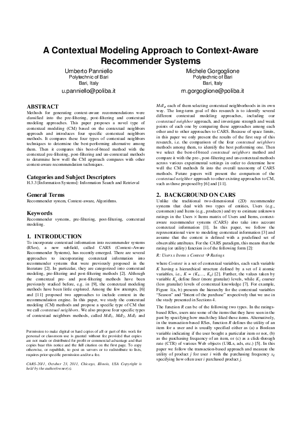 (PDF) A Contextual Modeling Approach to Context-Aware Recommender Systems