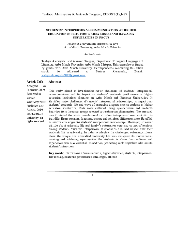 (PDF) Students’ Interpersonal Communication at Higher Education Institutions: Arba Minch and ...