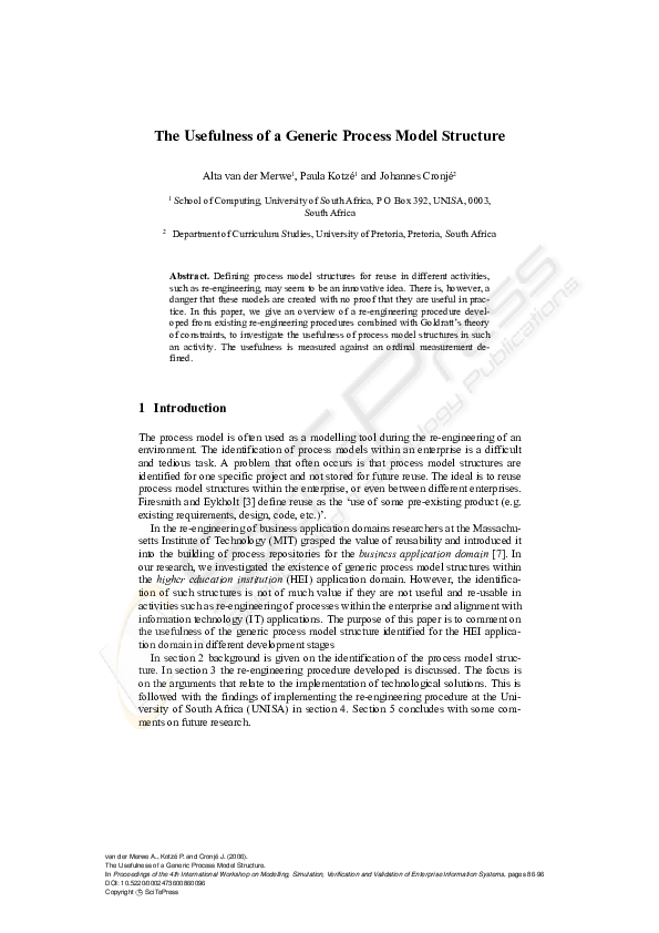 (PDF) The Usefulness of a Generic Process Model Structure | Johannes C ...