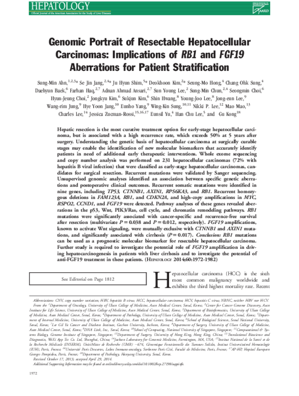 (PDF) Genomic portrait of resectable hepatocellular carcinomas: implications of RB1 and FGF19 ...