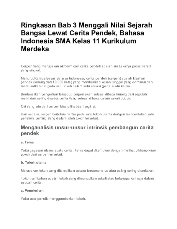 (DOC) Ringkasan Bab 3 Menggali Nilai Sejarah Bangsa Lewat Cerita Pendek