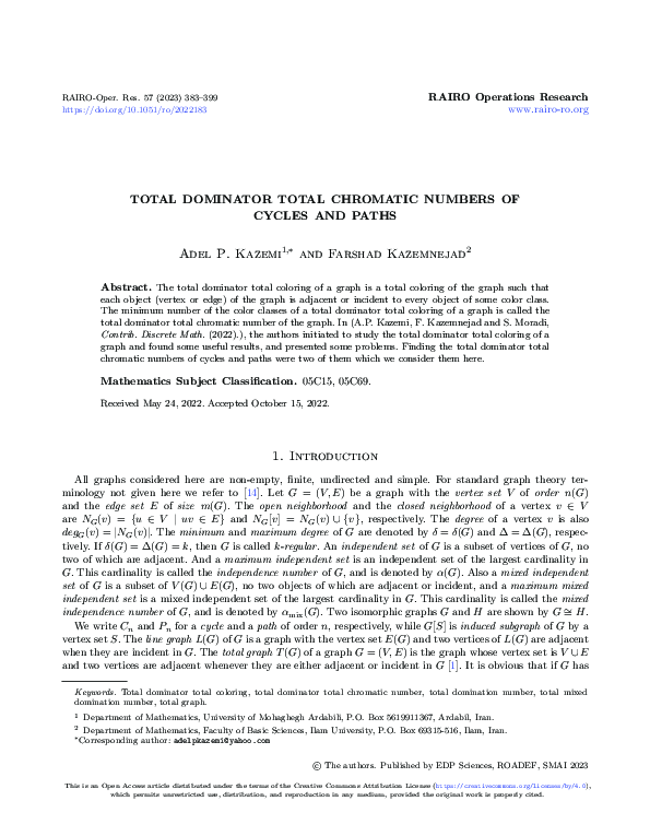 (PDF) Total dominator total chromatic numbers of cycles and paths
