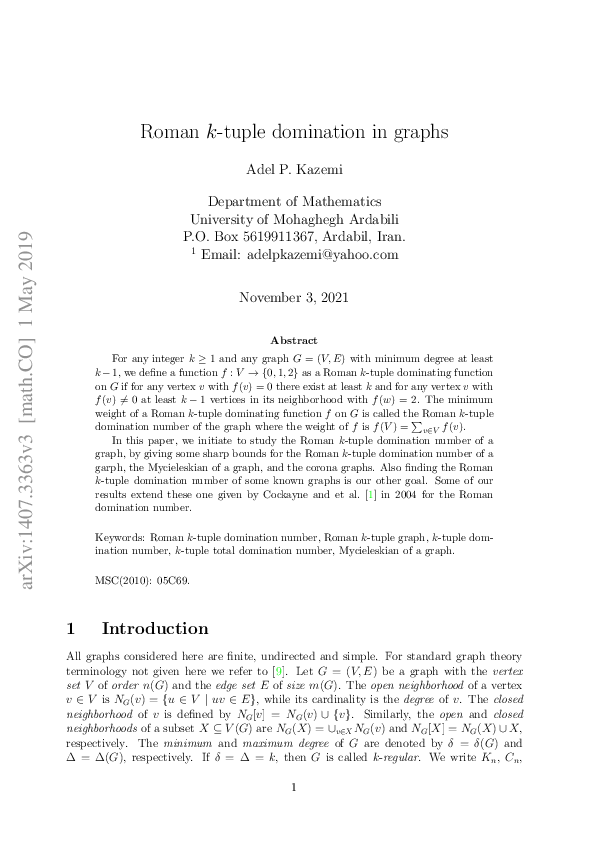 (PDF) Roman k-Tuple Domination in Graphs