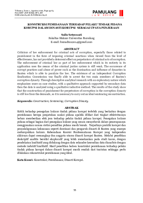 (PDF) Konstruksi Pemidanaan Terhadap Pelaku Tindak Pidana Korupsi Dalam Dinasti Korupsi Sebagai ...