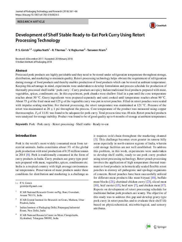 (PDF) Development of Shelf Stable Ready-to-Eat Pork Curry Using Retort ...