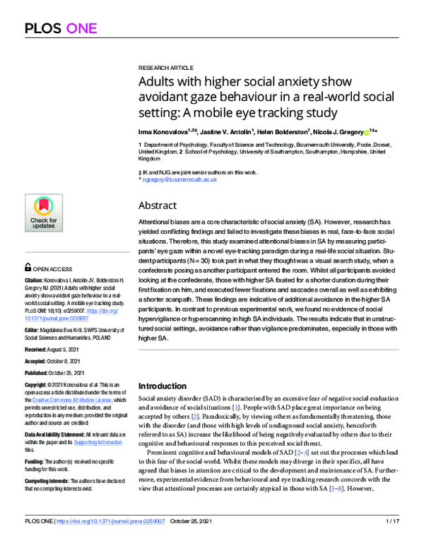 (PDF) Adults with higher social anxiety show avoidant gaze behaviour in a real-world social ...