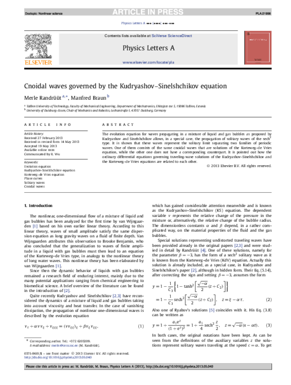 (PDF) Cnoidal waves governed by the Kudryashov–Sinelshchikov equation