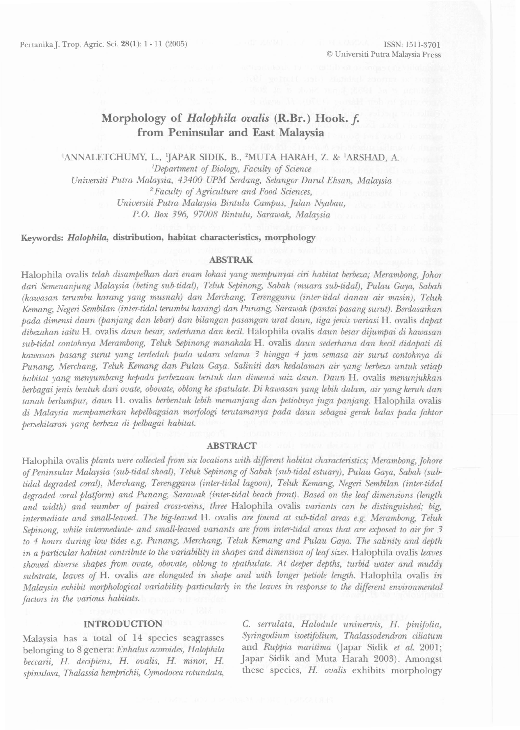 (PDF) Morphology of Halophila ovalis (R. Br.) Hook. f. from Peninsular and East Malaysia ...
