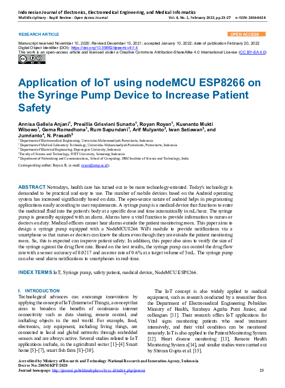 Pdf Application Of Iot Using Nodemcu Esp8266 On The Syringe Pump Device To Increase Patient