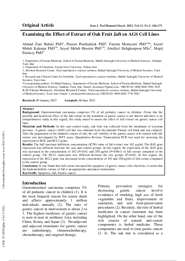 (PDF) Examining the Effect of Extract of Oak Fruit Jaft on AGS Cell Lines