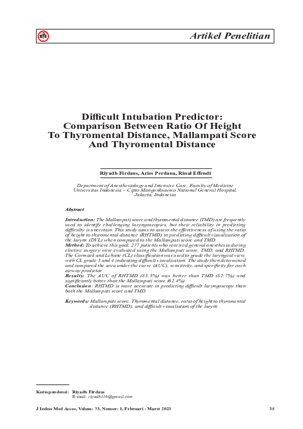 (PDF) Difficult Intubation Predictor: Comparison Between Ratio Of Height To Thyromental Distance ...