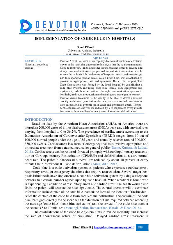 (PDF) Implementation of Code Blue In Hospitals