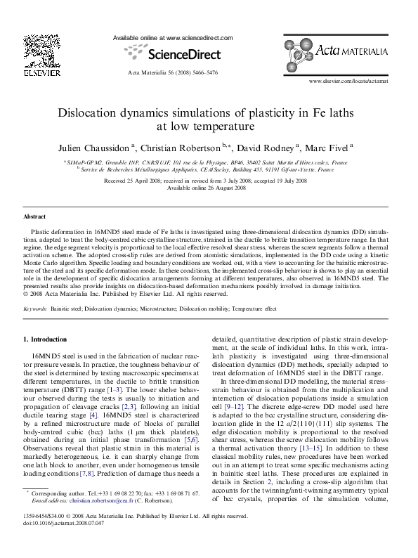 (PDF) Dislocation dynamics simulations of plasticity in Fe laths at low temperature