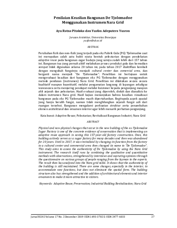 (PDF) Penilaian Keaslian Bangunan De Tjolomadoe Menggunakan Instrumen ...