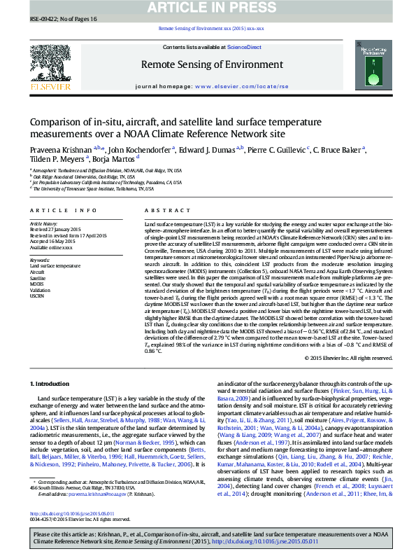 Pdf Comparison Of In Situ Aircraft And Satellite Land Surface Temperature Measurements Over