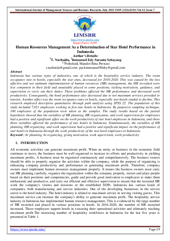 (PDF) Human Resources Management As a Determination of Star Hotel Performance in Indonesia ...