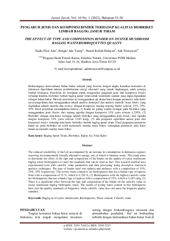 (PDF) Pengaruh Jenis Dan Komposisi Binder Terhadap Kualitas Biobriket Limbah Baglog Jamur Tiram