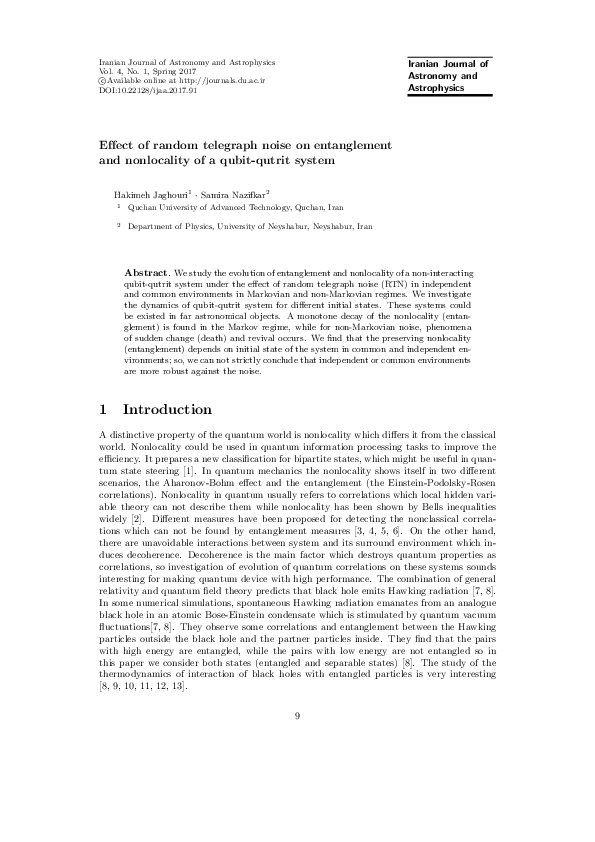 (PDF) Effect of random telegraph noise on entanglement and nonlocality of a qubit-qutrit system