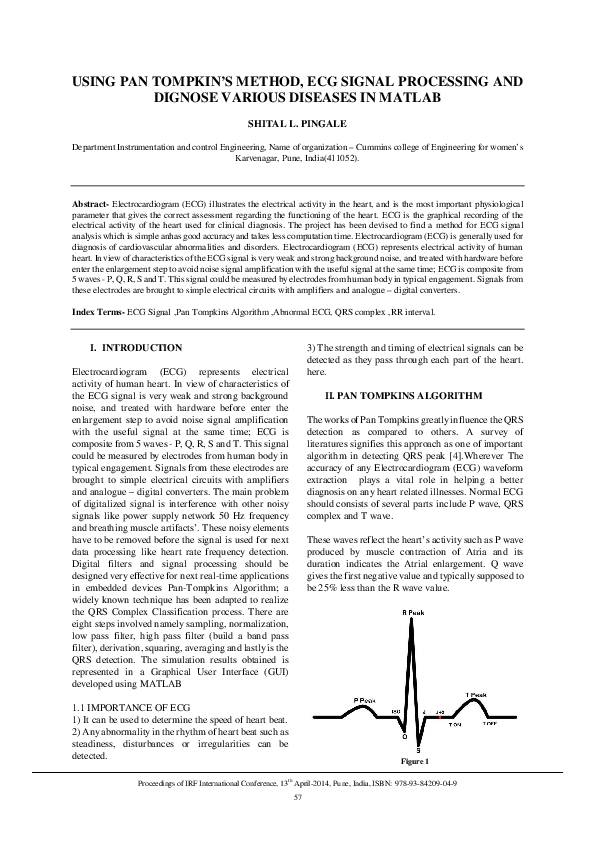 (PDF) Using Pan Tompkin ’ S Method , Ecg Signal Processing and Dignose Various Diseases in Matlab