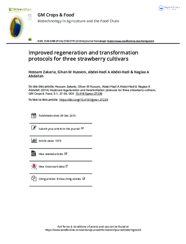 (PDF) Improved regeneration and transformation protocols for three strawberry cultivars | Naglaa ...