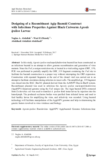 (PDF) Recombinant Agip Bacmid for Controlling Black Cutworm Larvae
