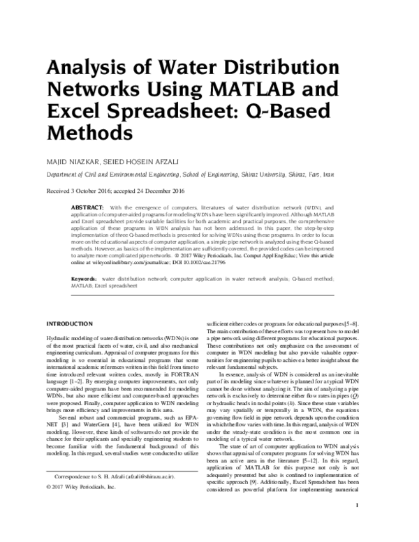 (PDF) Analysis of water distribution networks using MATLAB and Excel ...